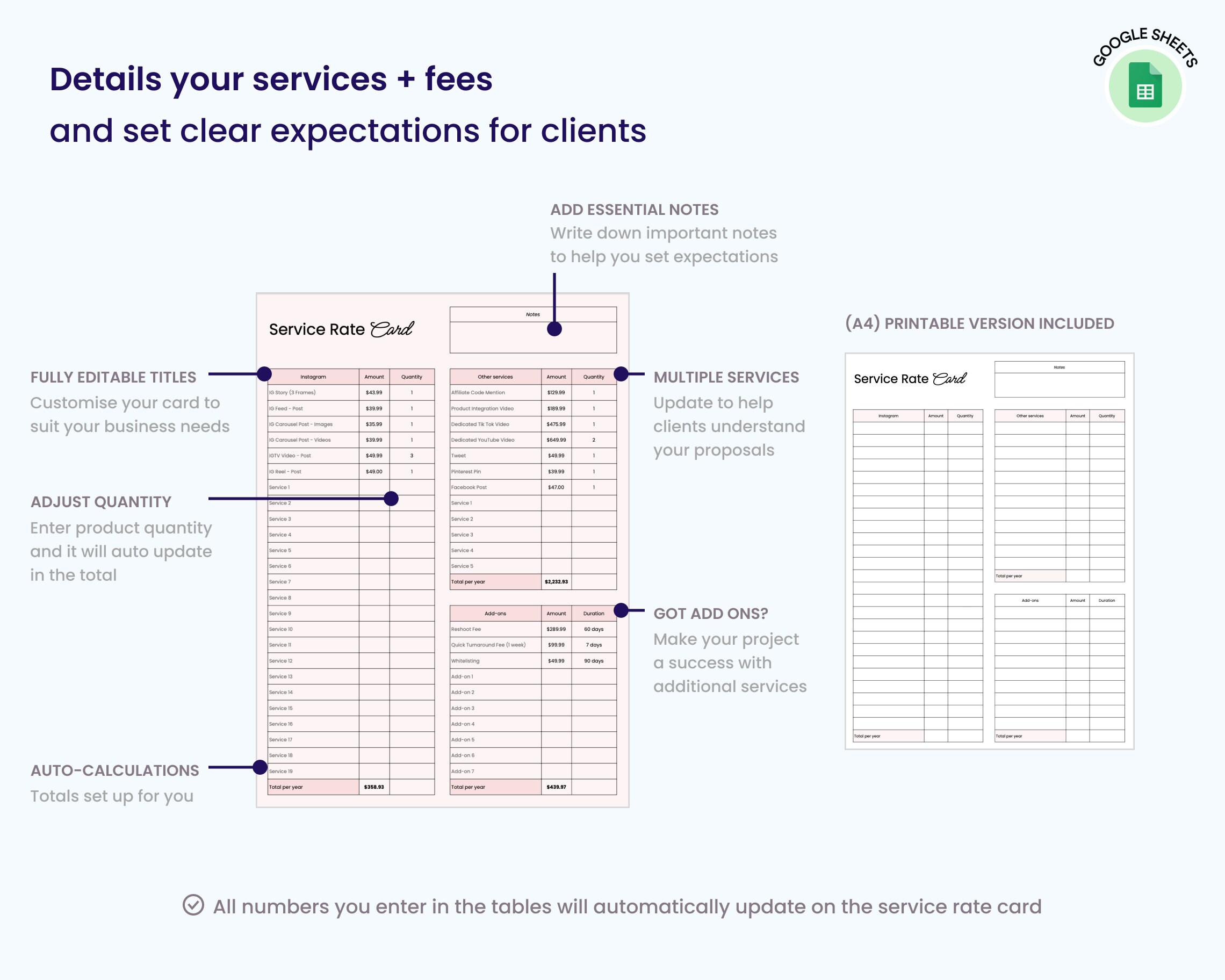 Simple Service Rate Card | A4 Printable | Budget Template | Financial ...