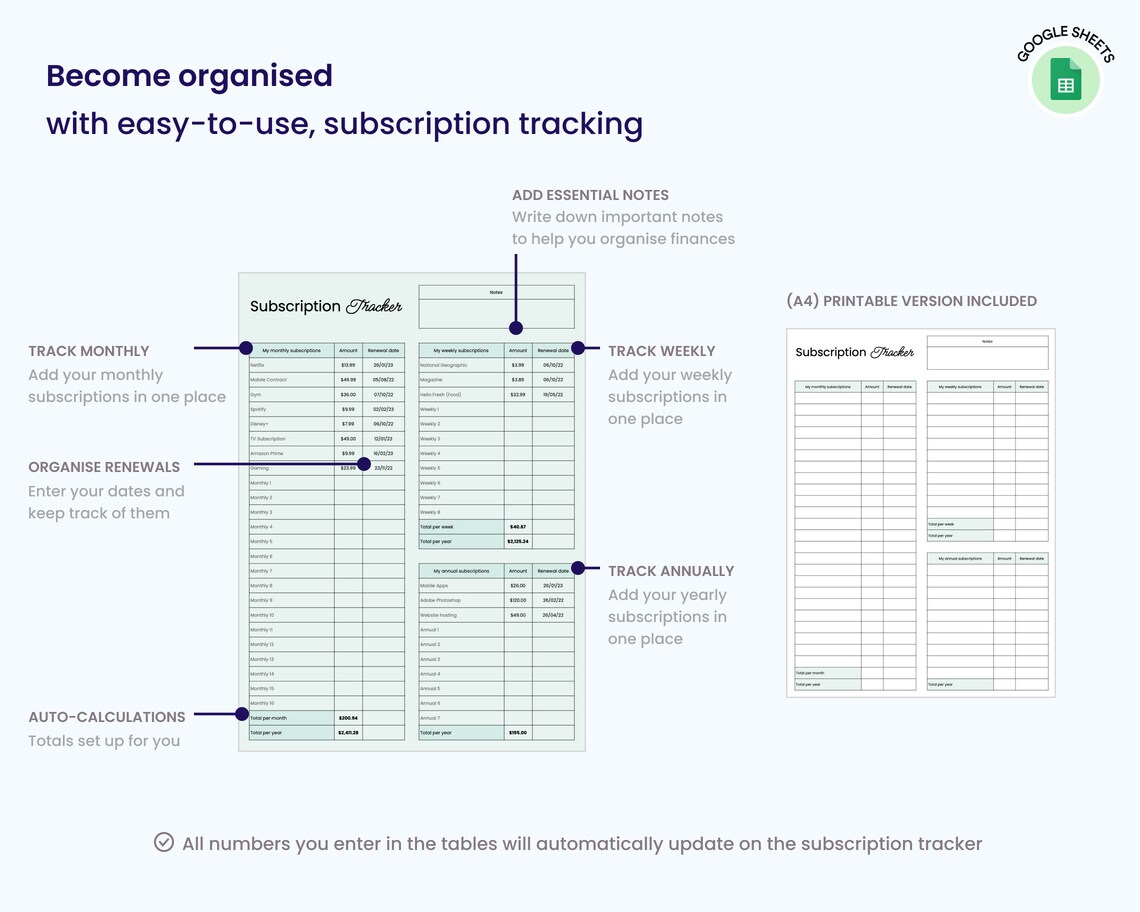Simple Subscription Tracker A4 Printable Subscription Tracker ...