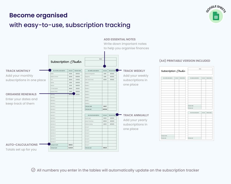 Simple Subscription Tracker | A4 Printable Subscription Tracker ...