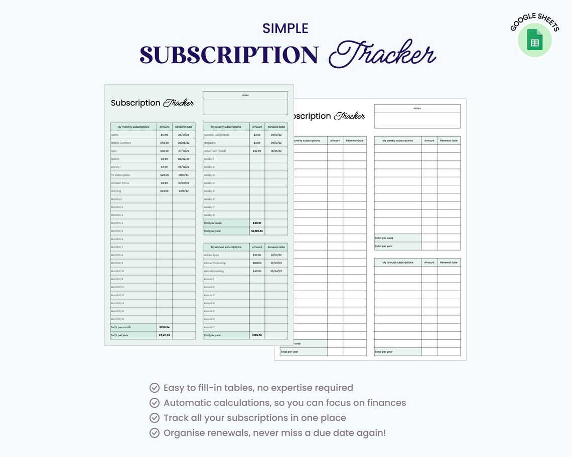 Simple Subscription Tracker | A4 Printable Subscription Tracker ...