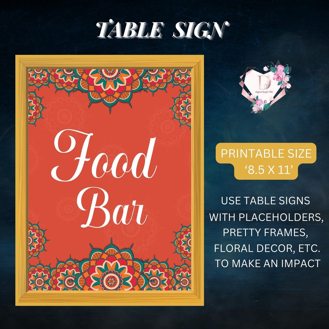 Indian Food Station Decor, Food Bar Signs, Mehndi Decoration, Wedding ...
