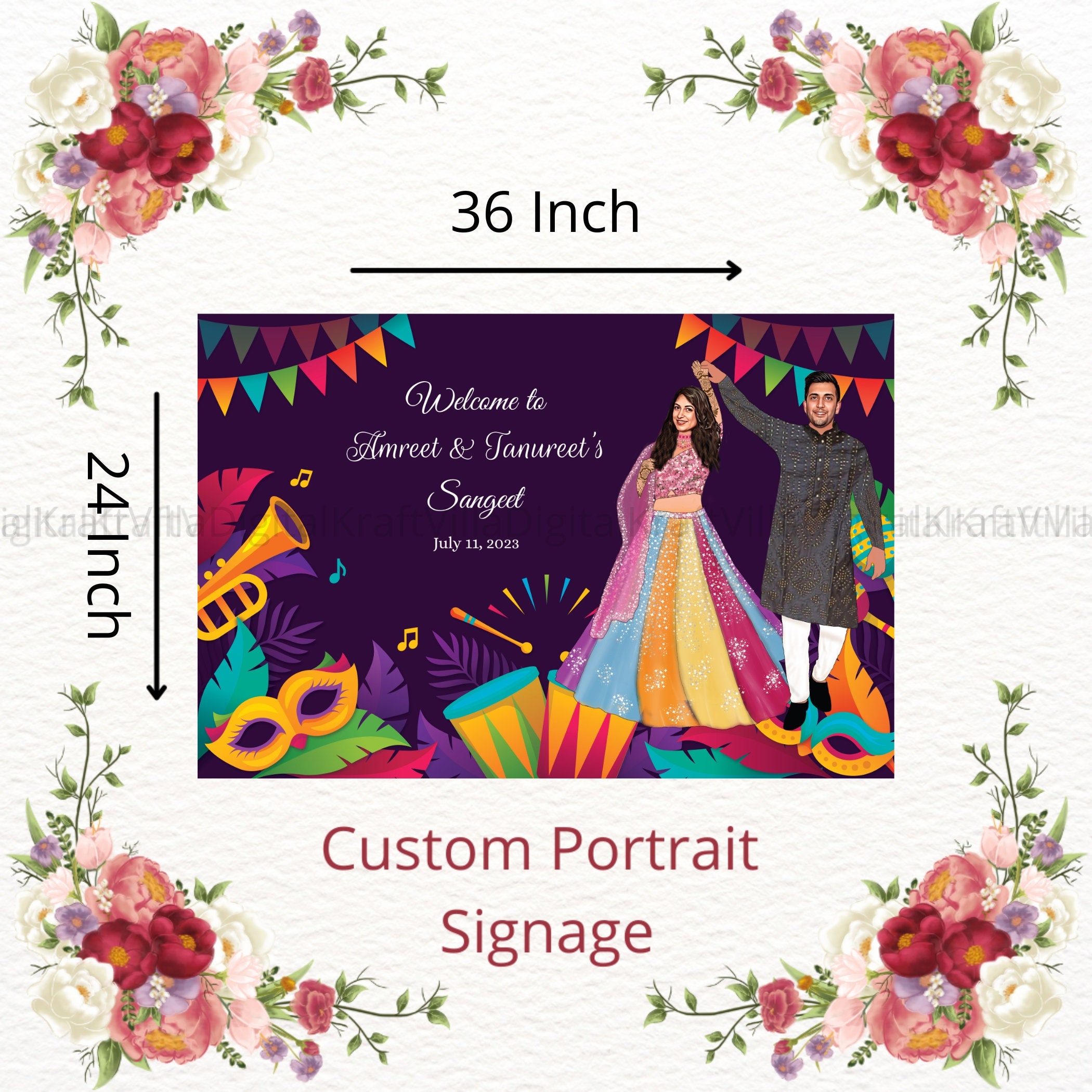 Sangeet Ceremony Welcome Signs, Custom Portrait, Sangeet Night Signages ...