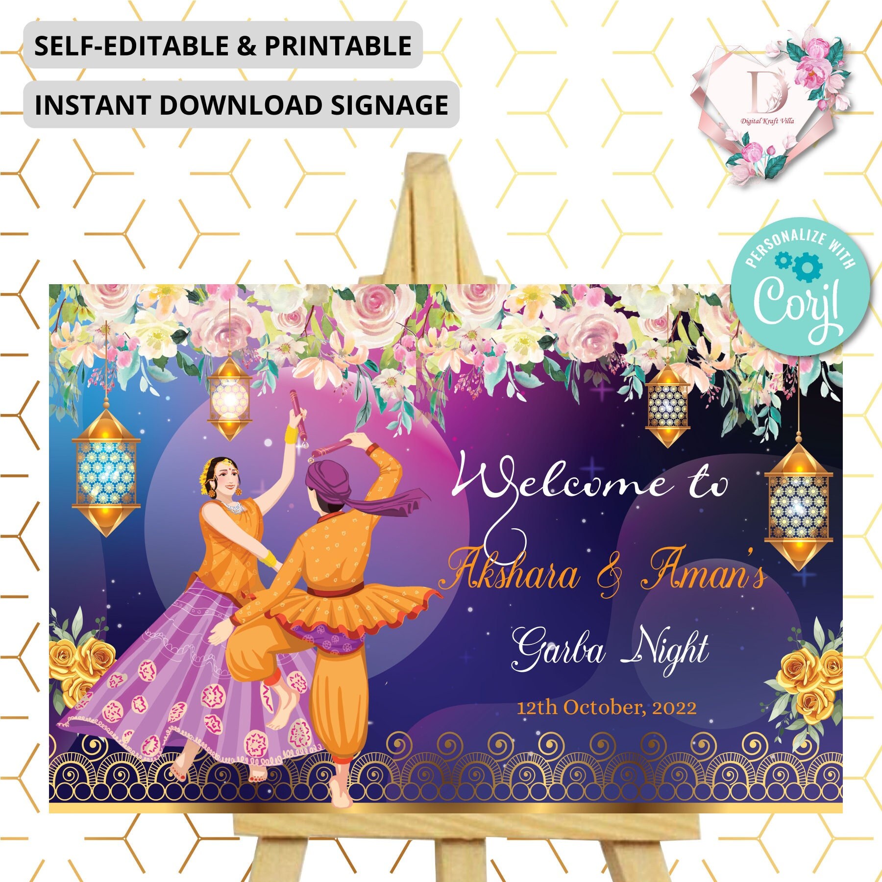 Garba Night Signages,indian Sangeet Decor Garba Sign Board,floral ...