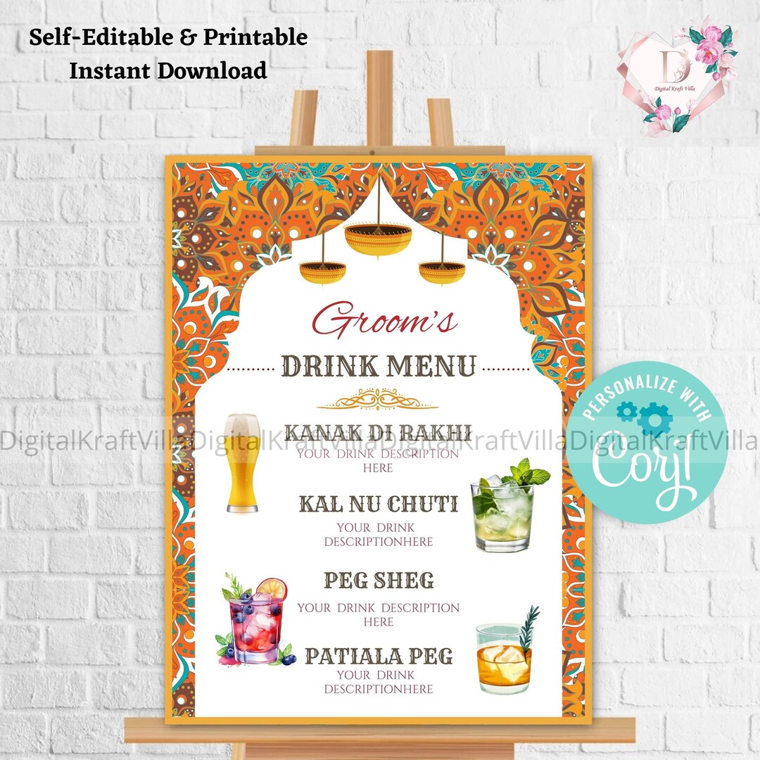 Custom Drink Menu | Punjabi Drink Menu | Bar Menu | Wedding Drink Menu ...