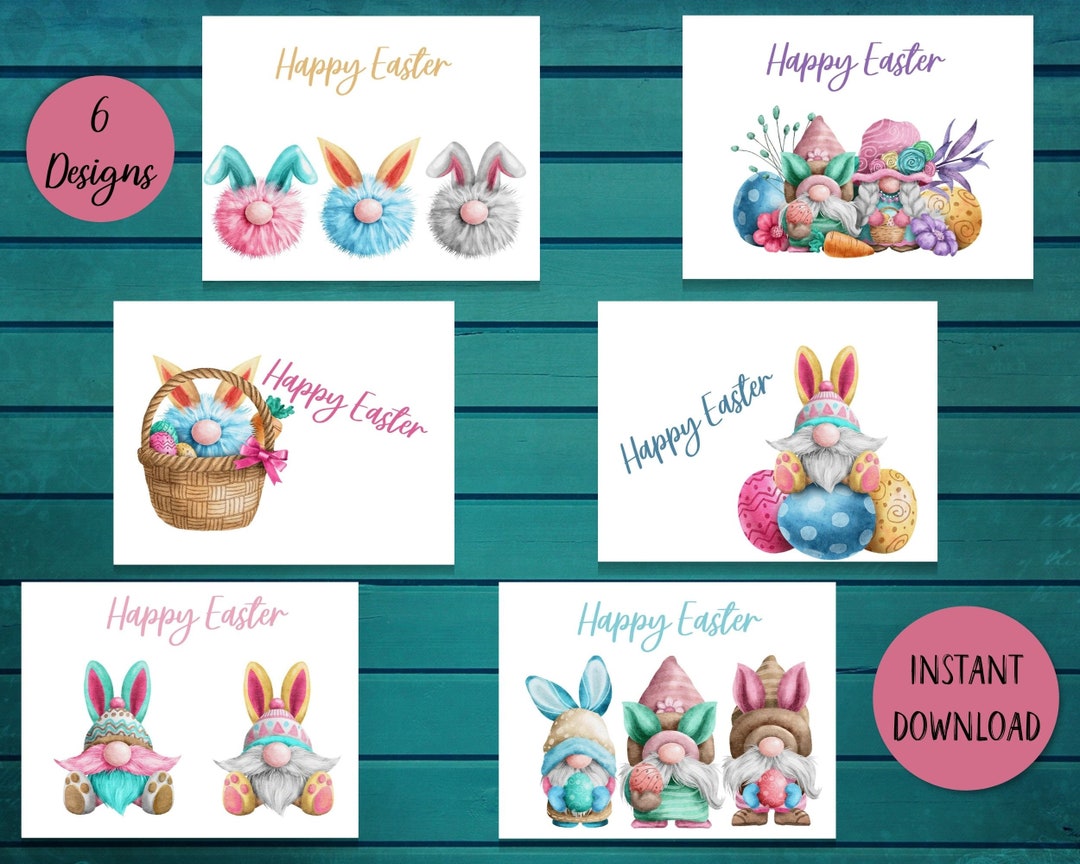 Printable Gnome Easter Cards, Set of 6 Simple Design Gnome Easter Cards ...