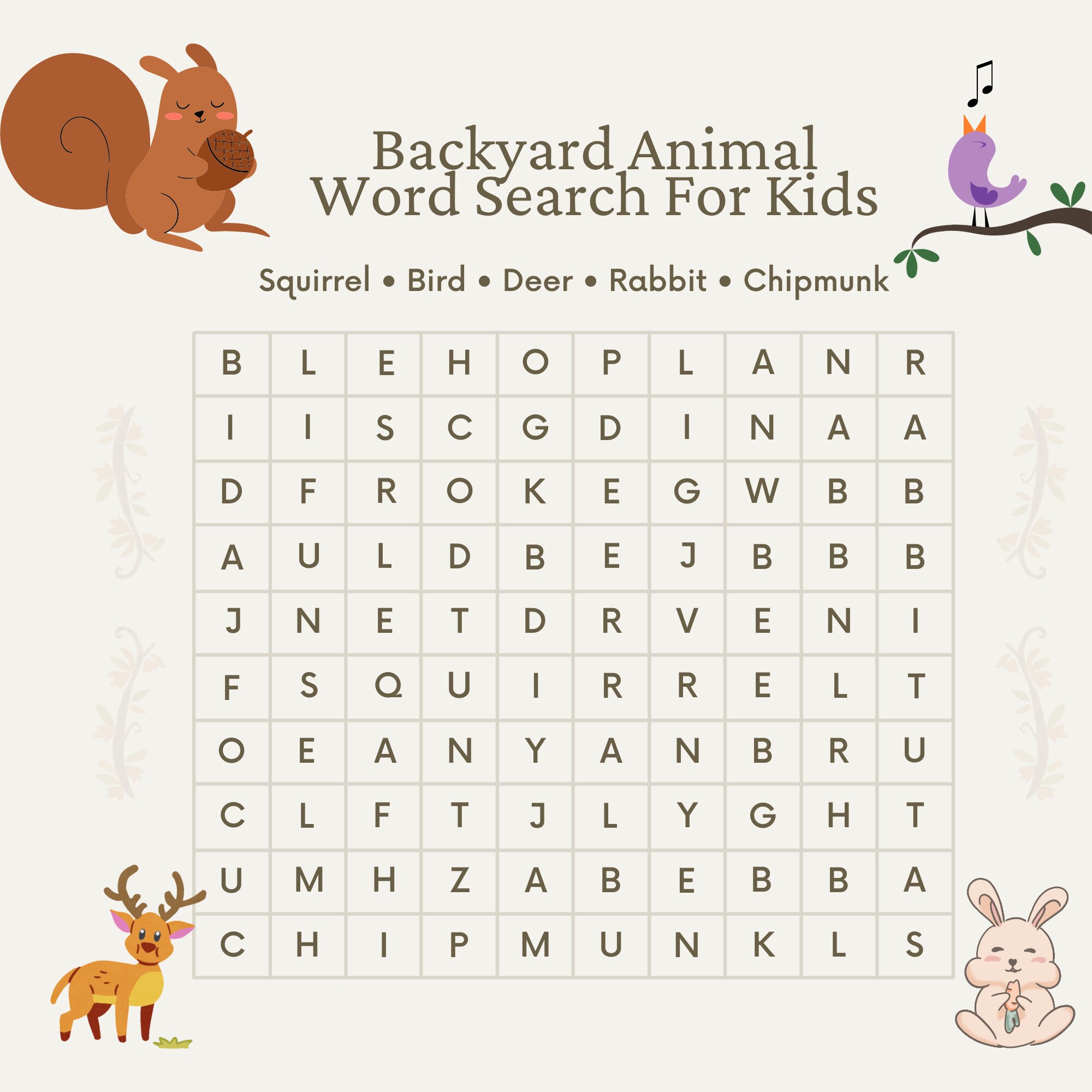 Backyard Wildlife Word Search + Answer Key for Children Printable | Can ...