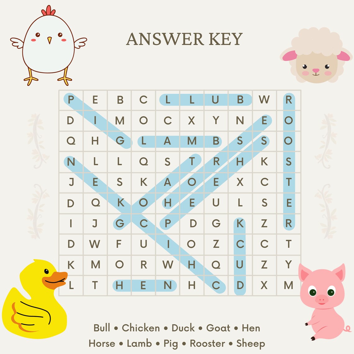 Barn Yard and Farm Animal Word Search + Answer Key for Children ...