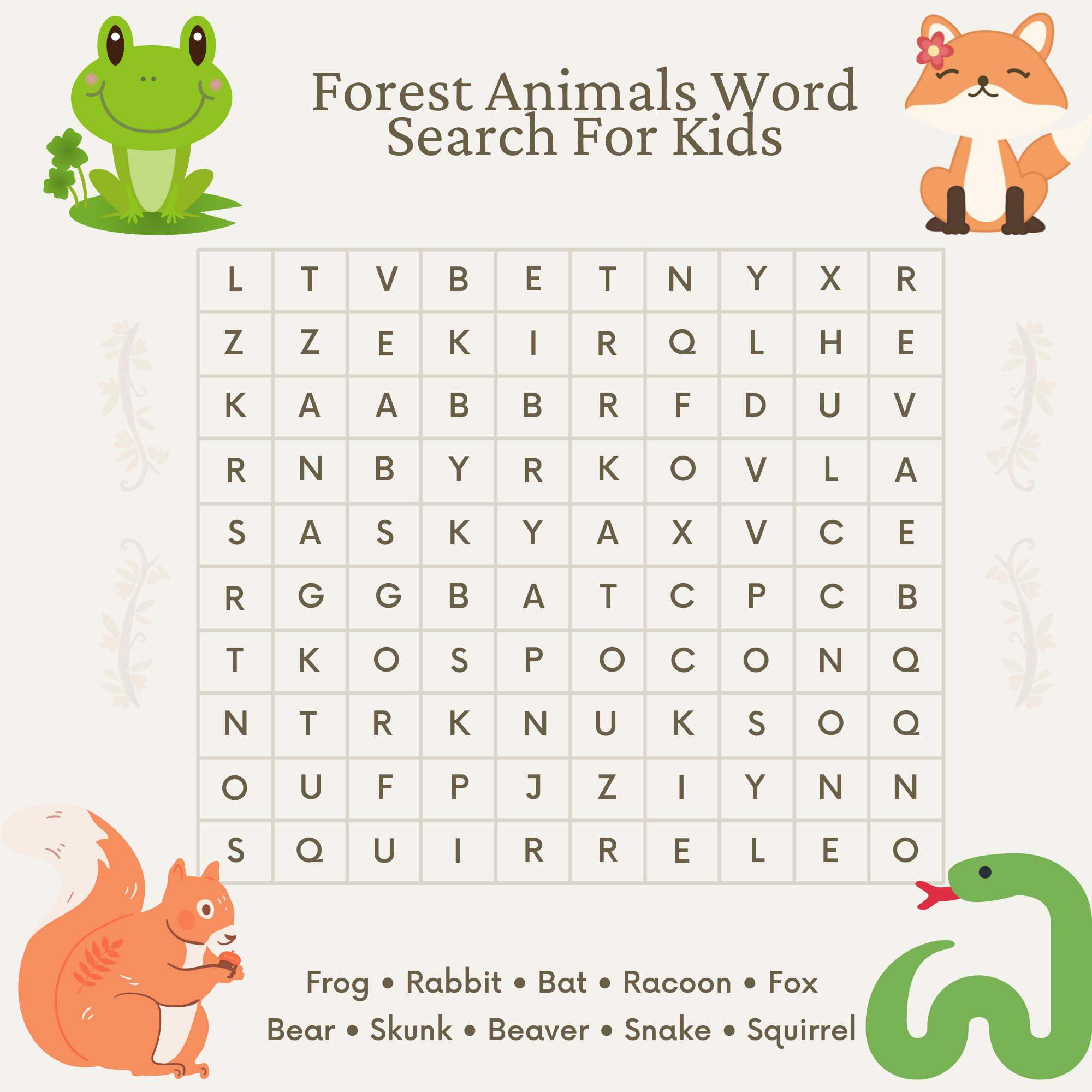 Forest Animal Word Search + Answer Key for Children Printable | Can ...