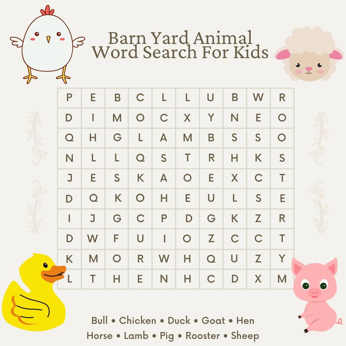 Barn Yard and Farm Animal Word Search + Answer Key for Children ...