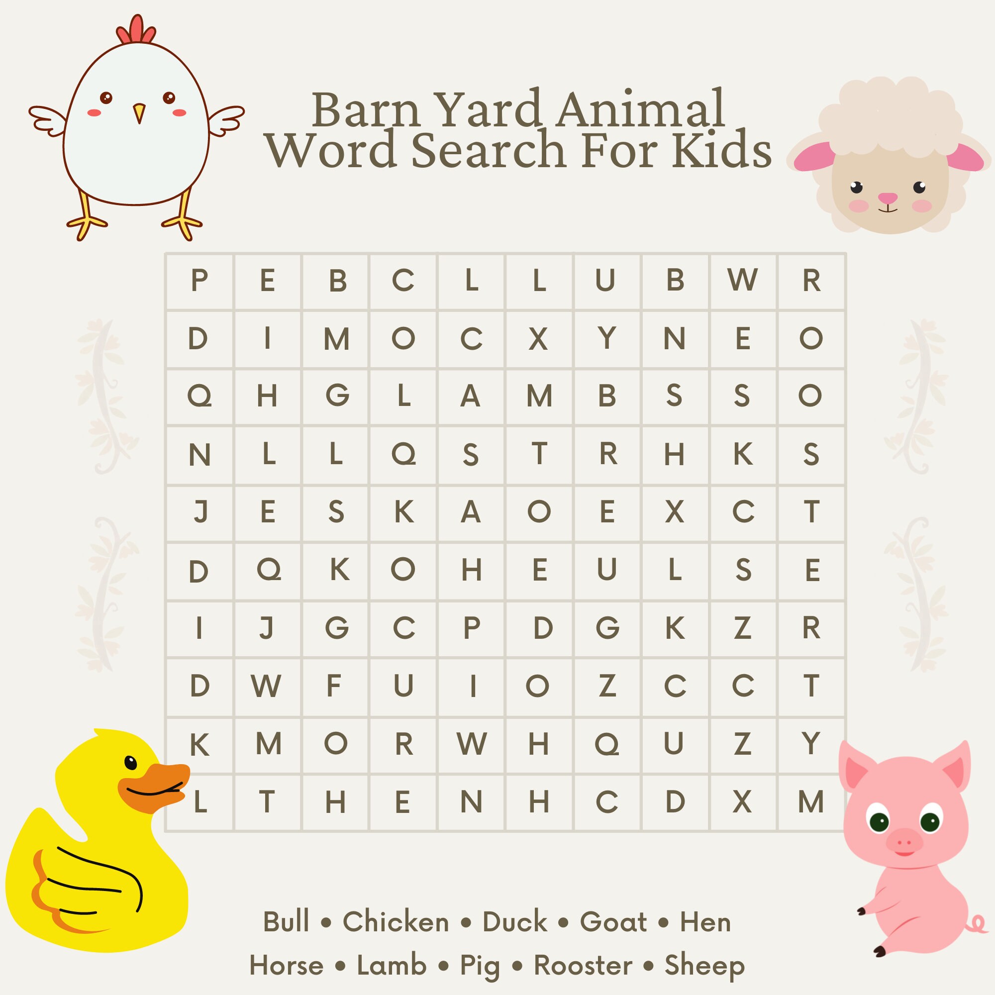 Barn Animal Word Search | Kids Printable Game (PDF) - Etsy