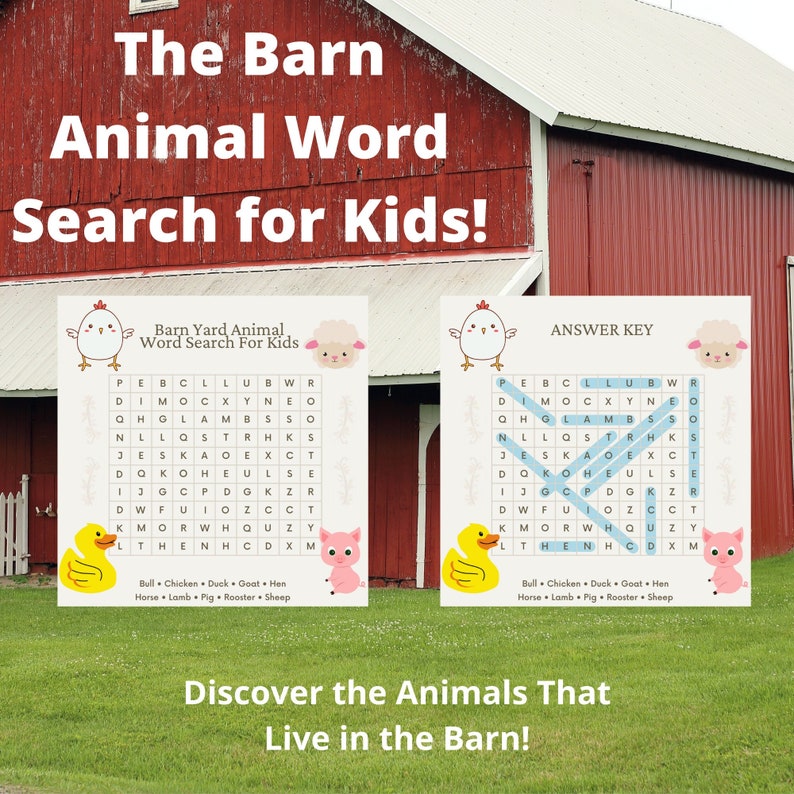 Barn Yard and Farm Animal Word Search + Answer Key for Children ...