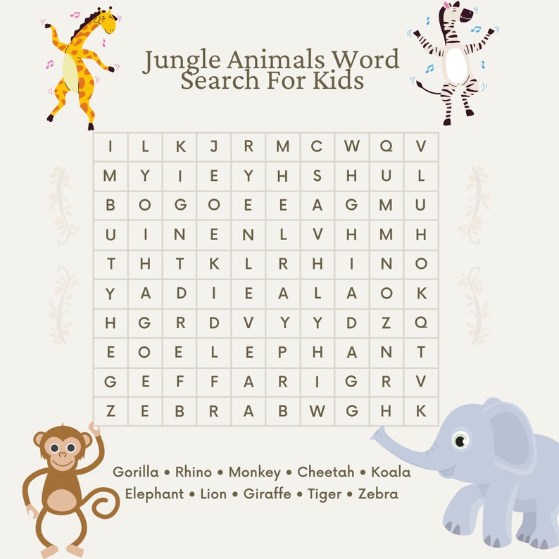 Jungle Animal Word Search + Answer Key for Children Printable | Can ...