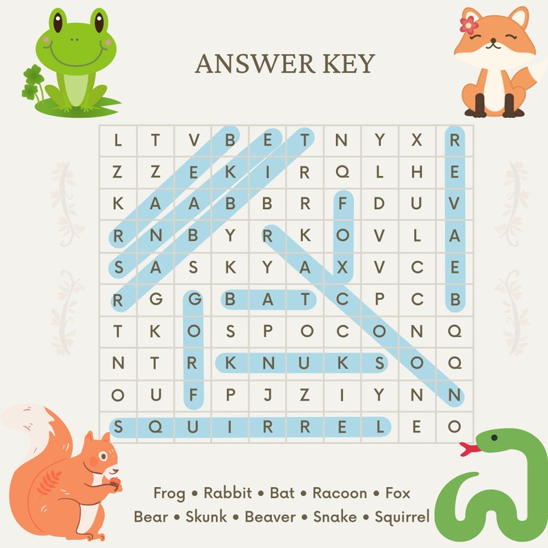 Forest Animal Word Search + Answer Key for Children Printable | Can ...