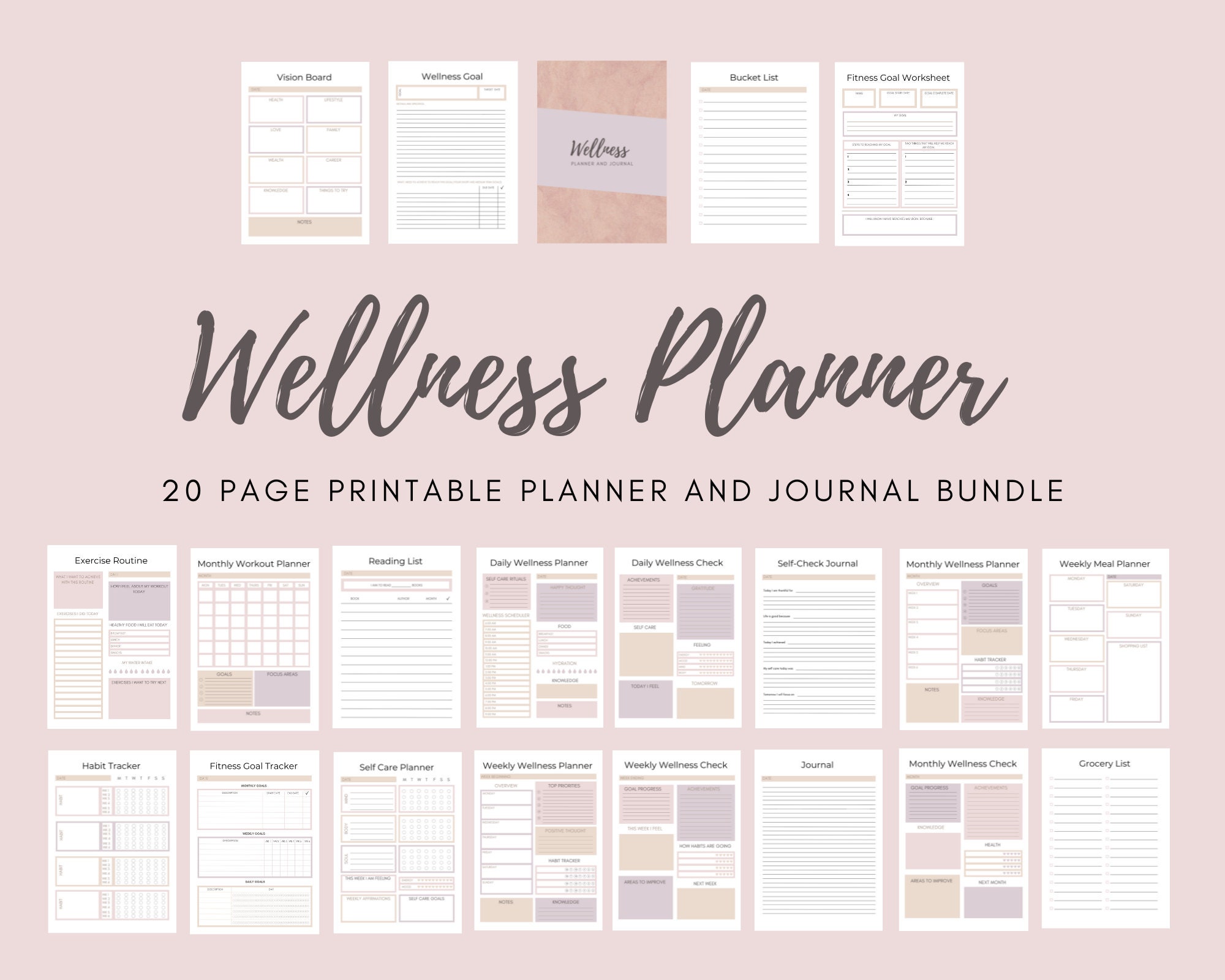 Wellness Planner Printable Bundle - 20 Pages of Goal Setting & Tracking ...