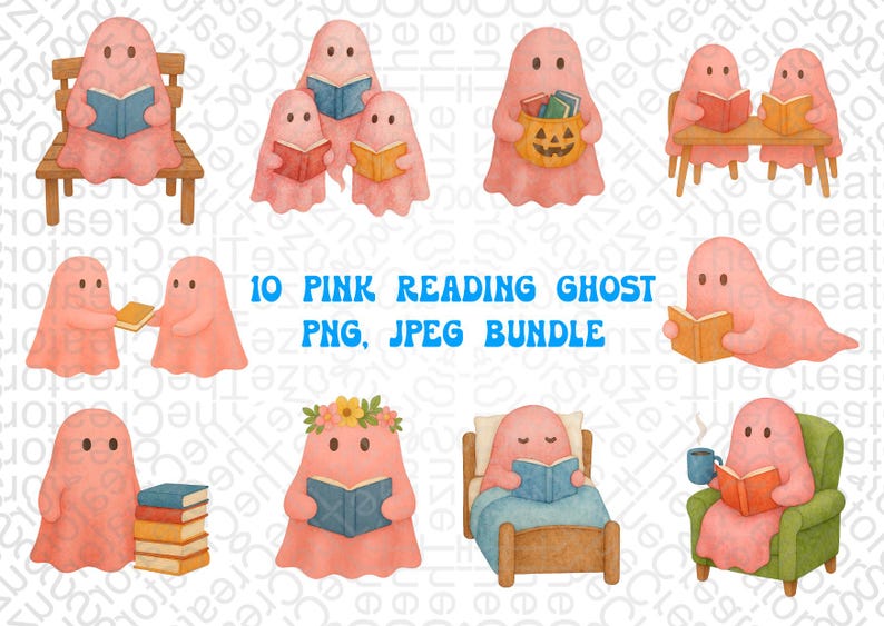 Pink Reading Ghosts Watercolor PNG SVG JPEG, Cute Halloween Ghost ...