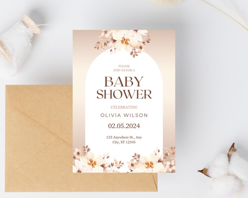 Brown Floral Baby Shower Invitation Card, Christening Invitation ...