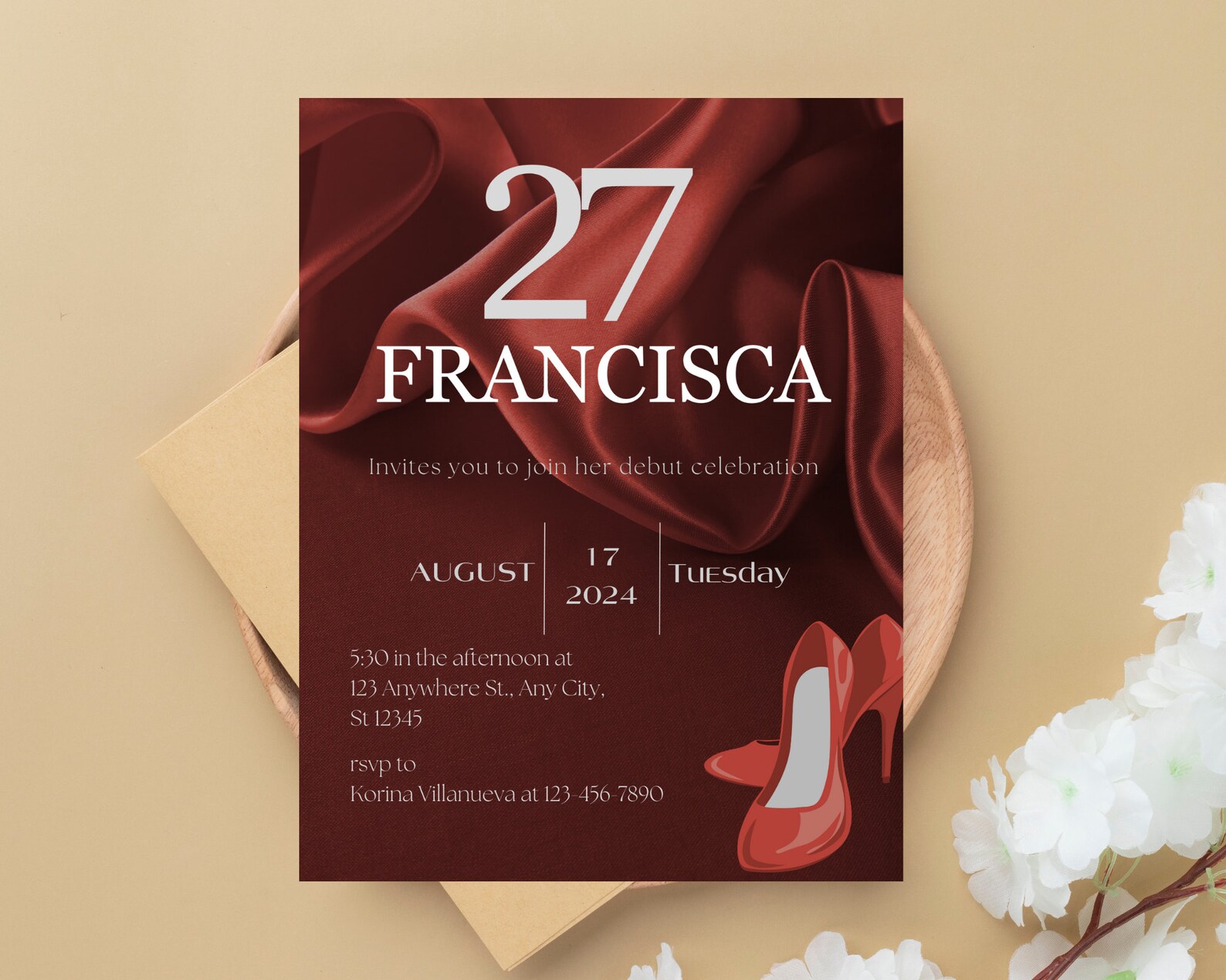 Red Silk 27th Birthday Invitation Card, Birthday Invitation Template ...