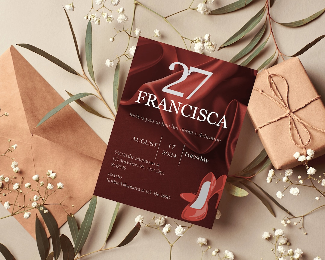 Red Silk 27th Birthday Invitation Card, Birthday Invitation Template ...