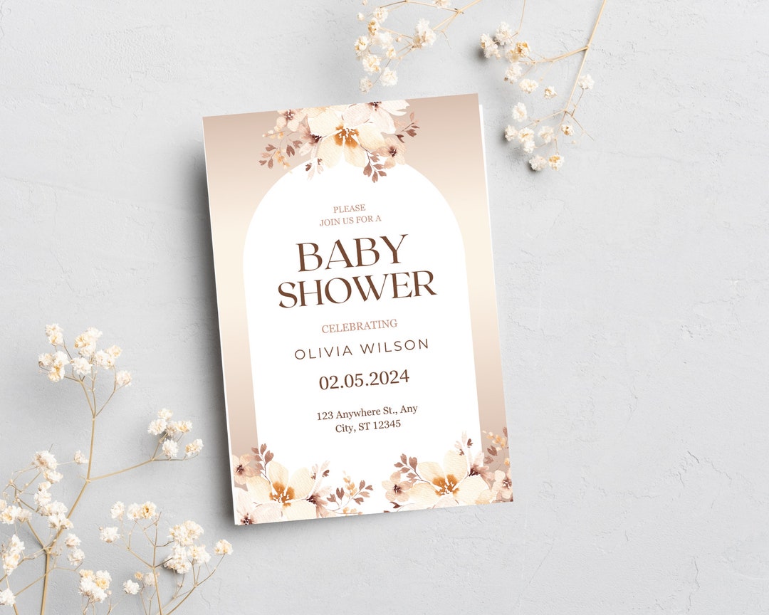 Brown Floral Baby Shower Invitation Card, Christening Invitation ...