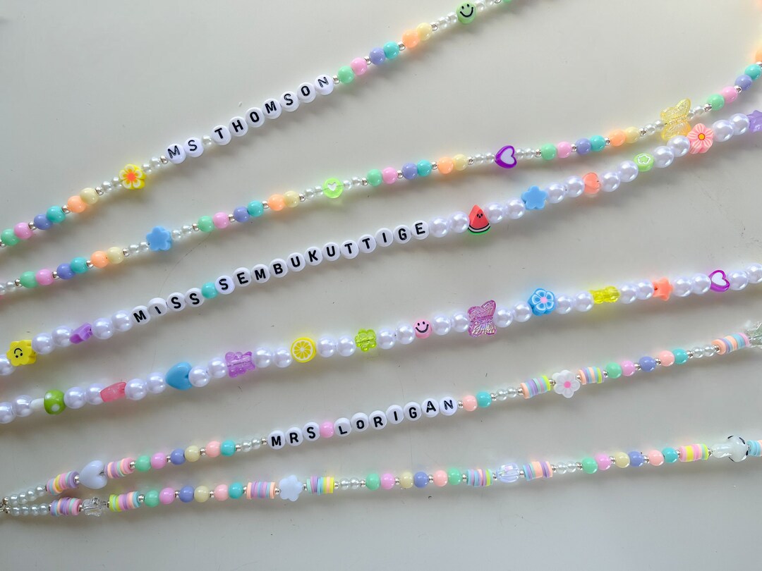 Beaded Teacher Lanyard | Pastel Friendship Bracelet Charm Smiley Unique ...