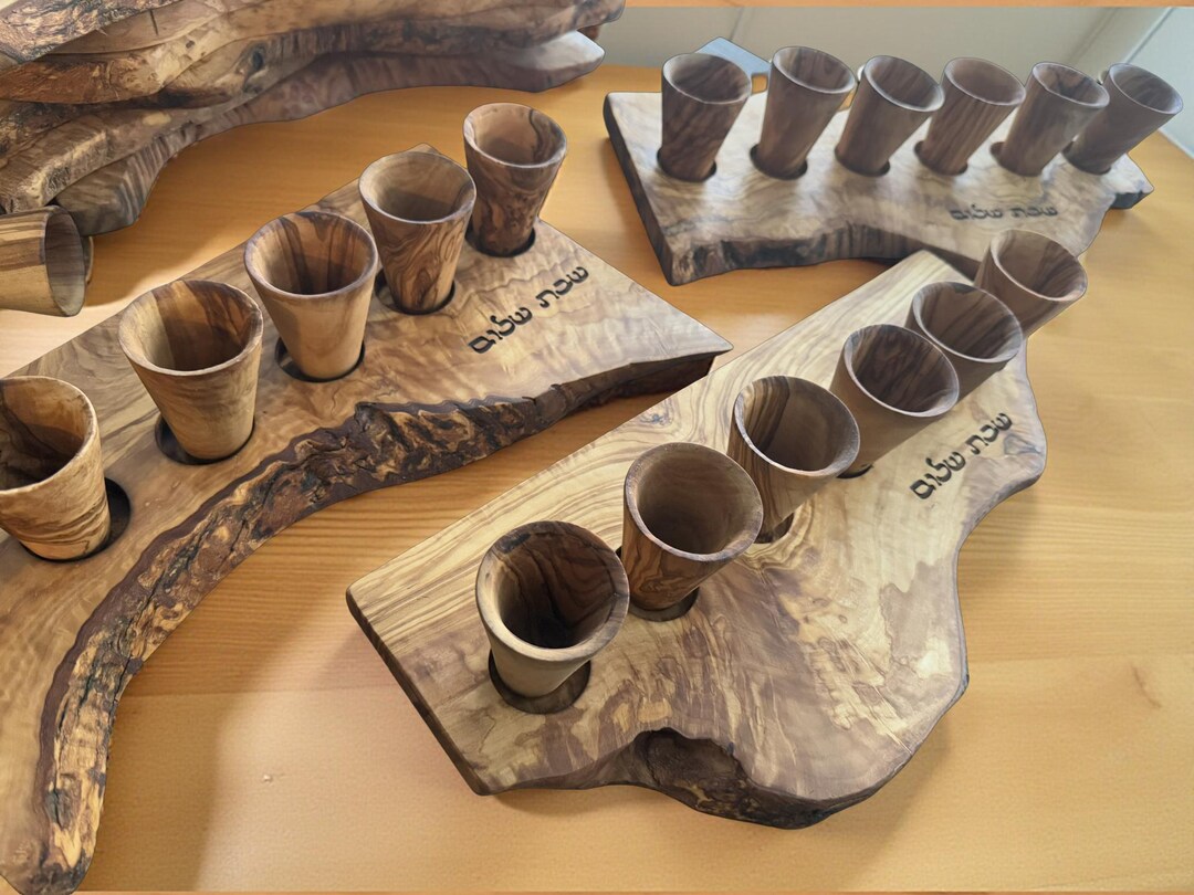 Olive Wood Shabbat Kiddush Cup Set Shabbat Shalom Hebrew Engraved ...