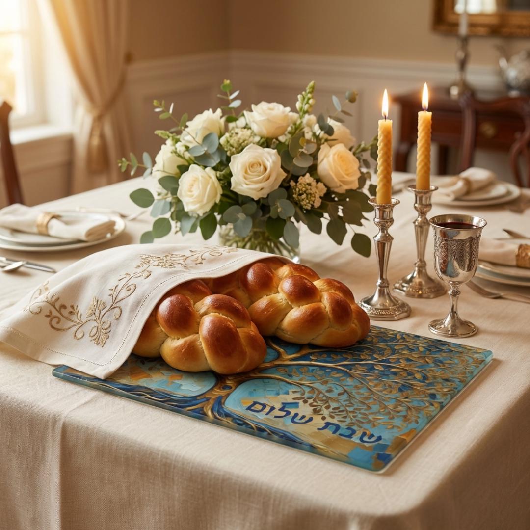 Challah Board – Shabbos Shabbat Tray With Shalom Hebrew, Tempered Glass ...