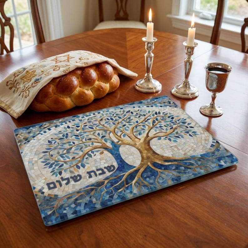 Challah Board – Shabbos Shabbat Tray With Shalom Hebrew, Tempered Glass ...