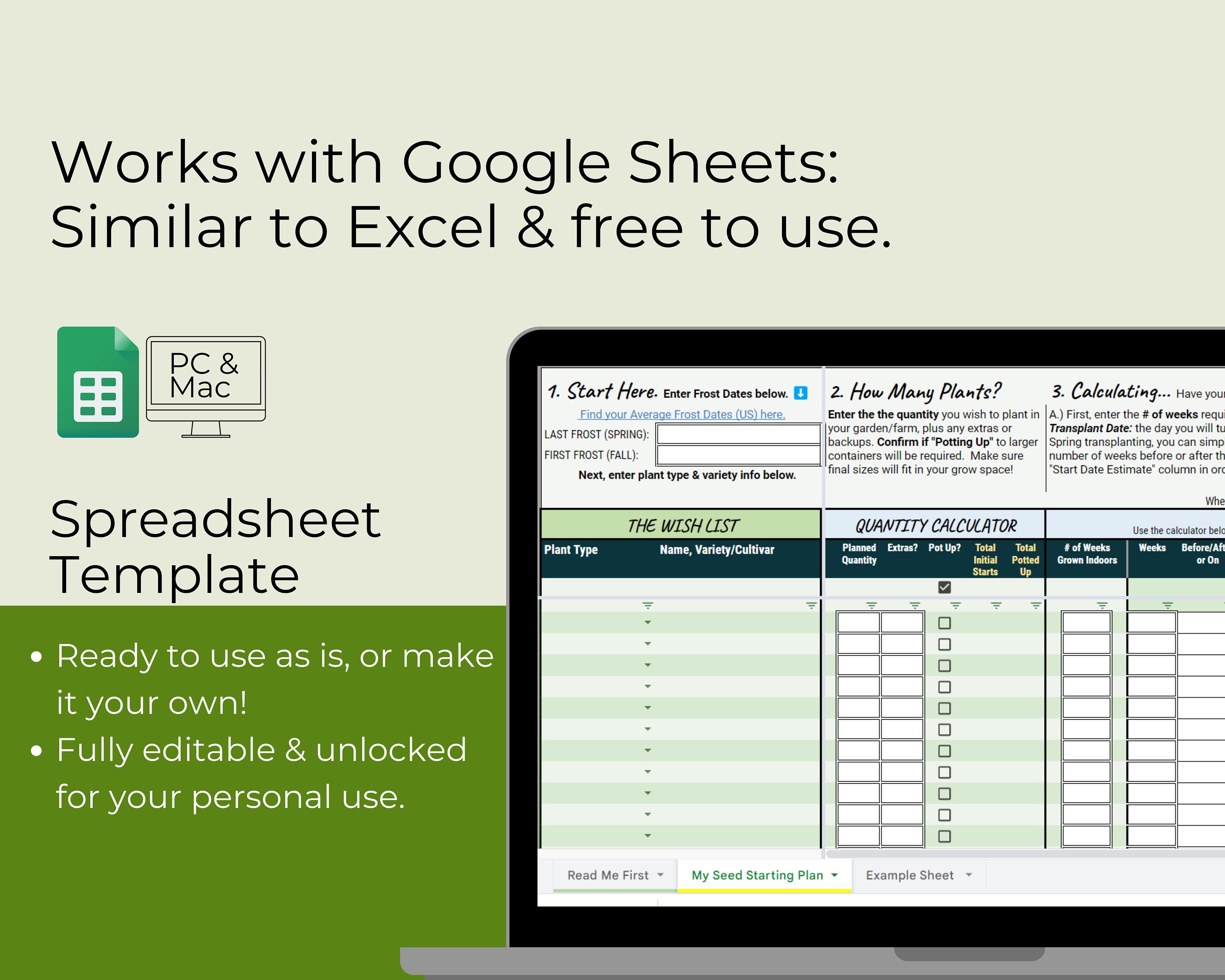 Seed Starting Spreadsheet, Planting Calendar, Garden Journal, Google ...