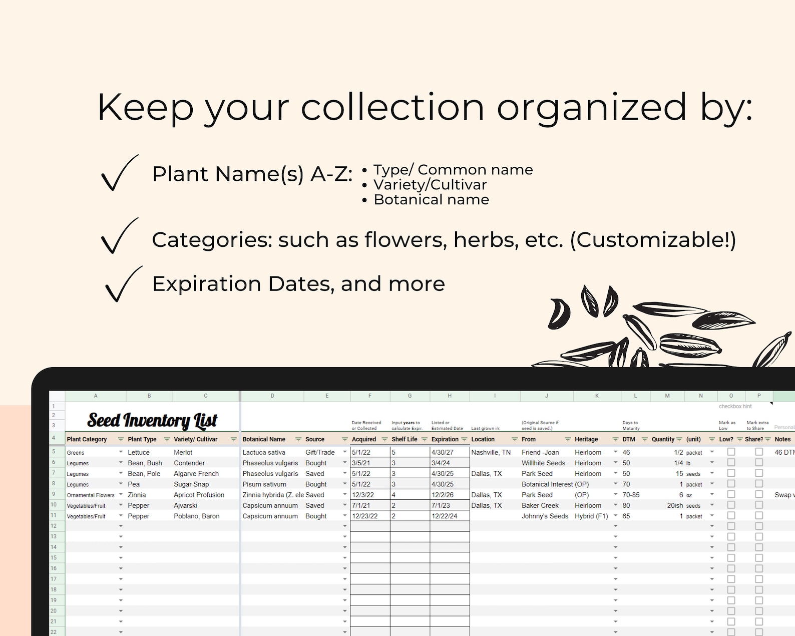 Seed Inventory List Spreadsheet for Seed Saving and Collecting. Digital ...