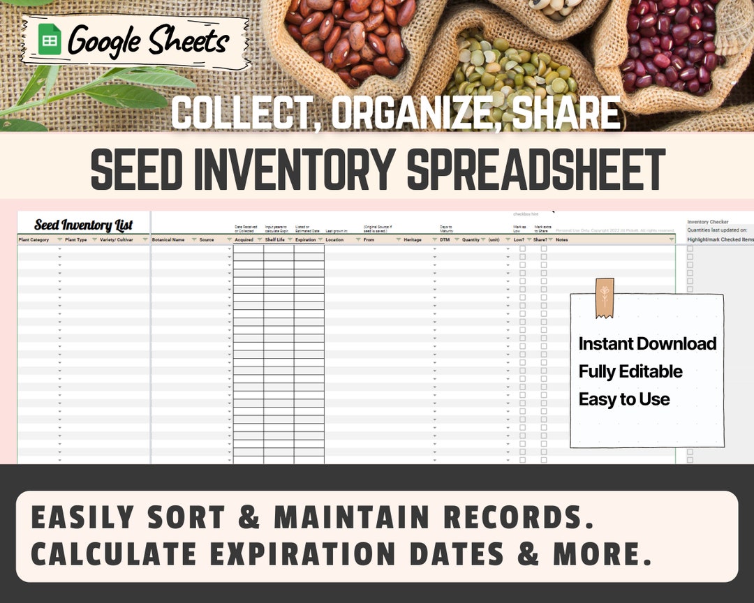 Seed Inventory List Spreadsheet for Seed Saving and Collecting. Digital ...