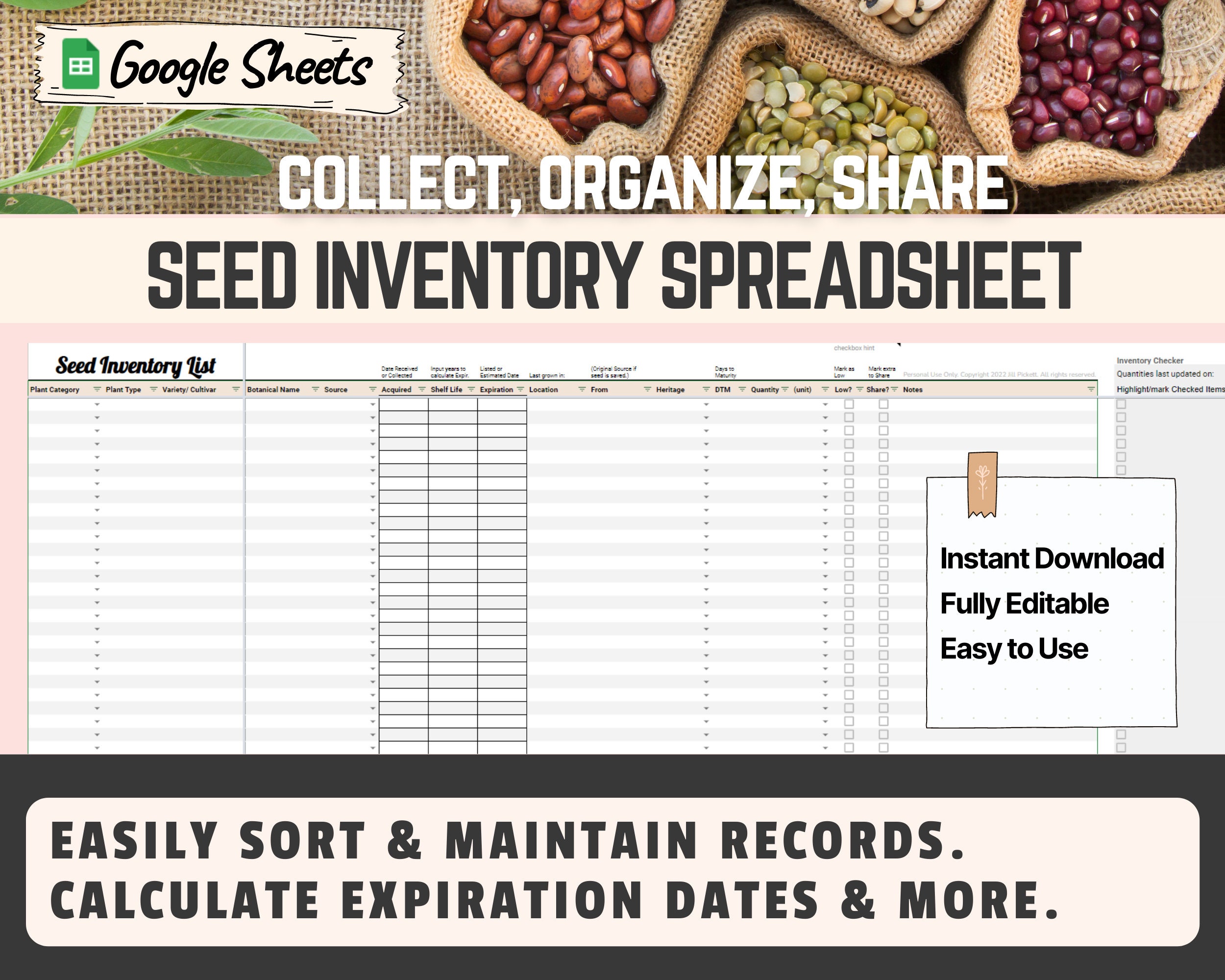 Seed Inventory List Spreadsheet for Seed Saving and Collecting. Digital ...