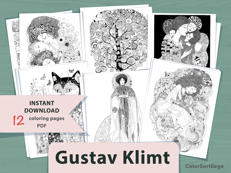 12 Gustav Klimt Inspired Coloring Pages | 12 Page PDF | Printable ...