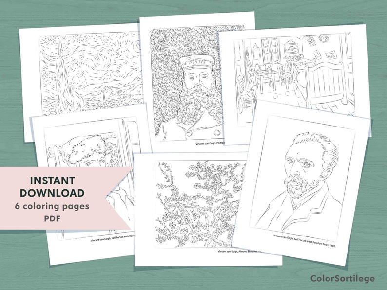 Vincent Van Gogh Coloring Pages PDF 6 Pages Printable - Etsy