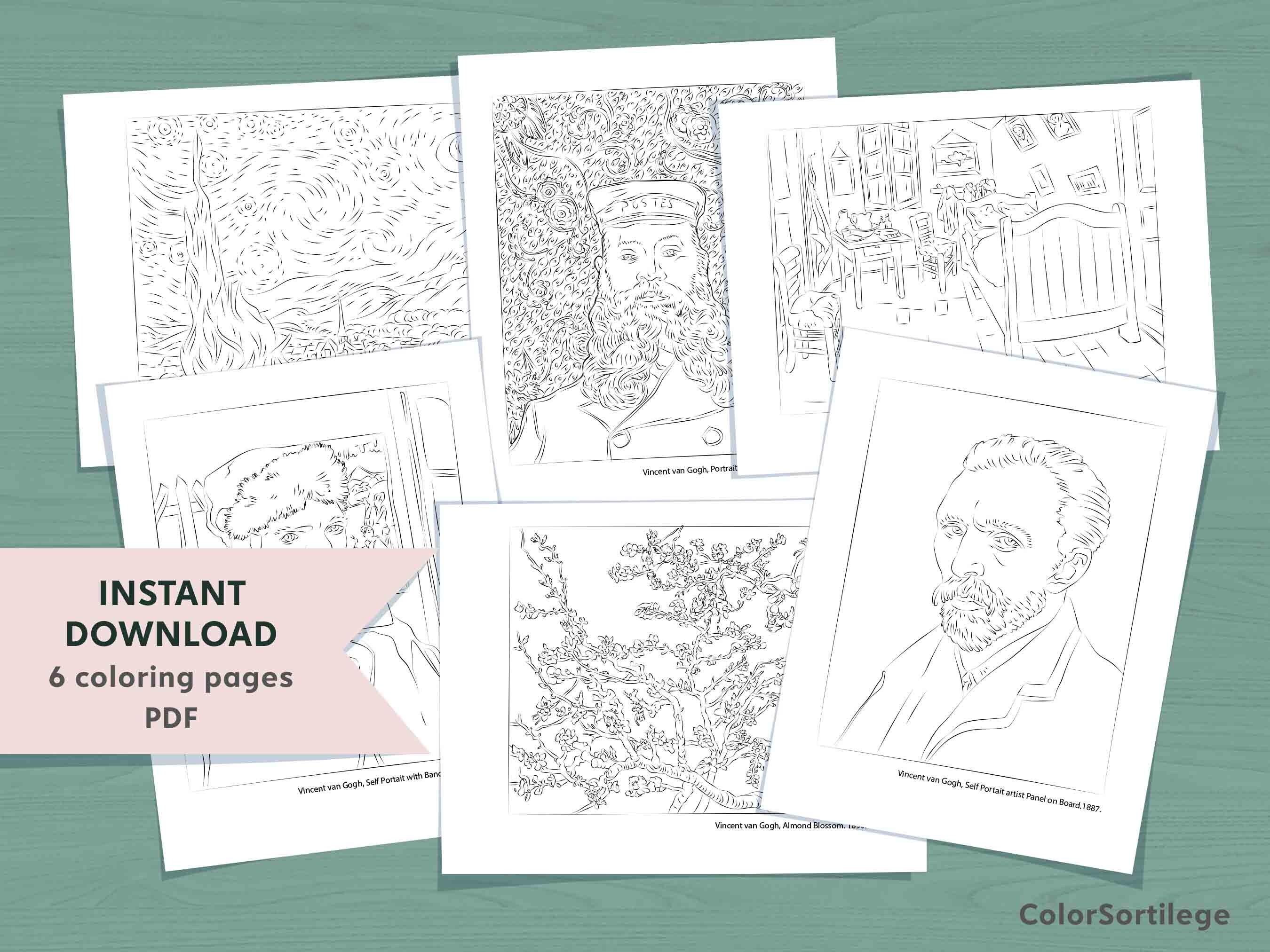 Vincent Van Gogh Coloring Pages PDF 6 Pages Printable - Etsy