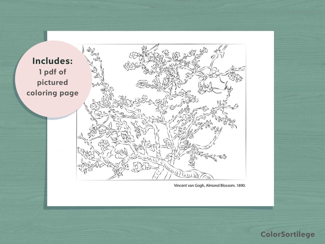 Almond Blossom Vincent Van Gogh Coloring Page PDF 1 - Etsy