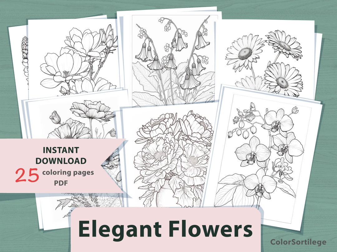 25 Elegant Flowers Coloring Pages for Adult Coloring 25 Page PDF ...