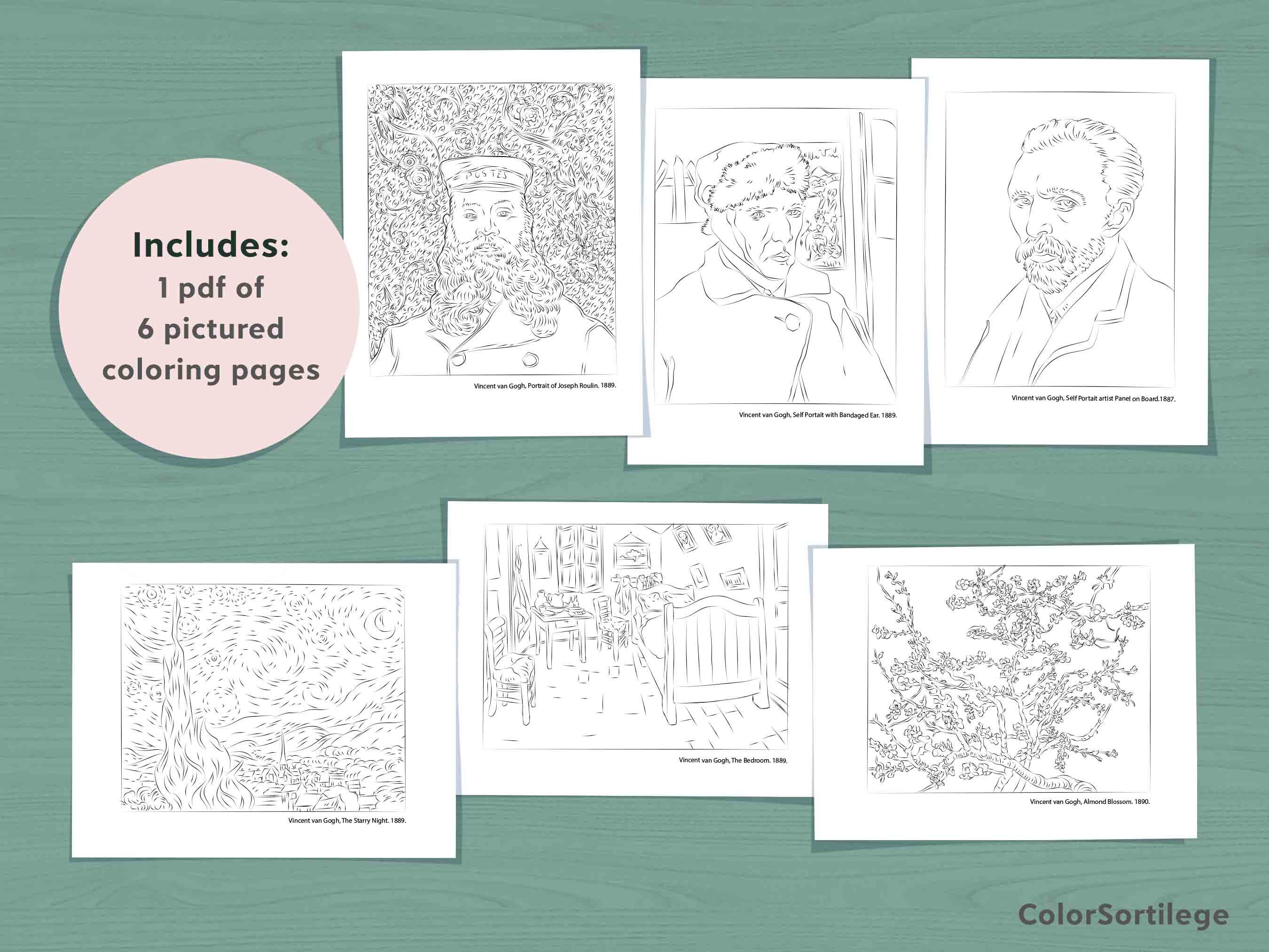 Vincent Van Gogh Coloring Pages PDF 6 Pages Printable - Etsy