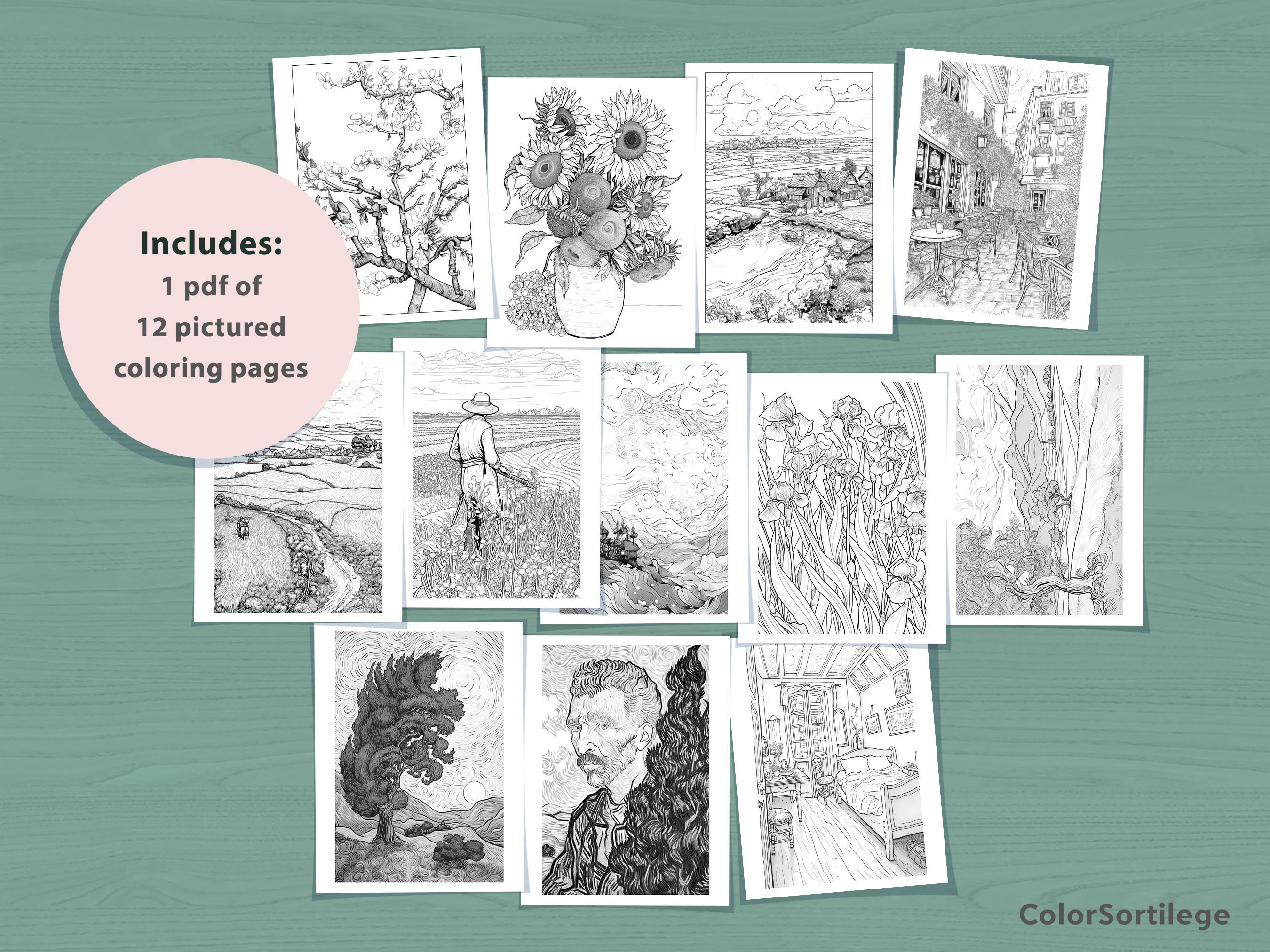 12 Van Gogh Inspired Coloring Pages | 12 Page PDF | Printable Digital ...