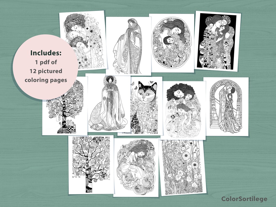 12 Gustav Klimt Inspired Coloring Pages | 12 Page PDF | Printable ...