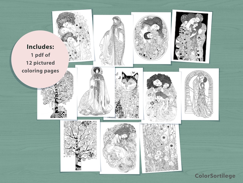12 Gustav Klimt Inspired Coloring Pages | 12 Page PDF | Printable ...