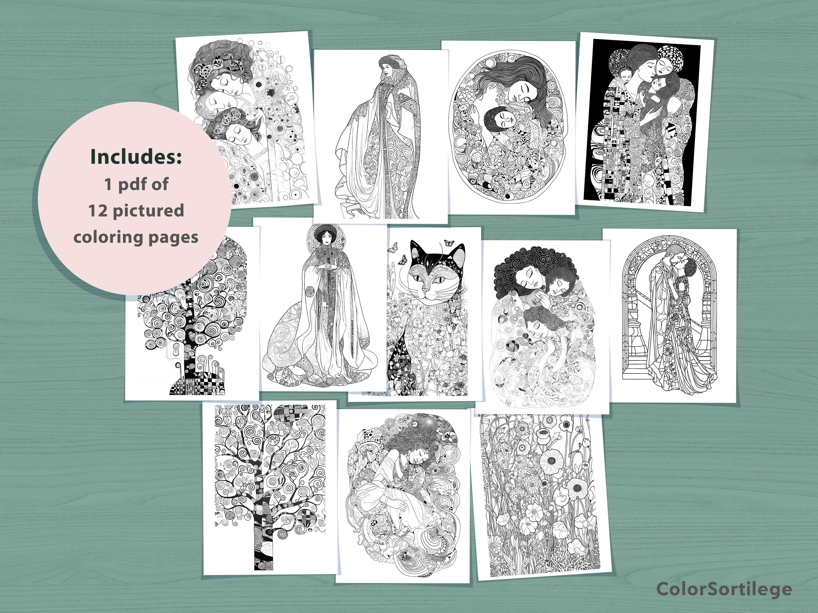 12 Gustav Klimt Inspired Coloring Pages | 12 Page PDF | Printable ...