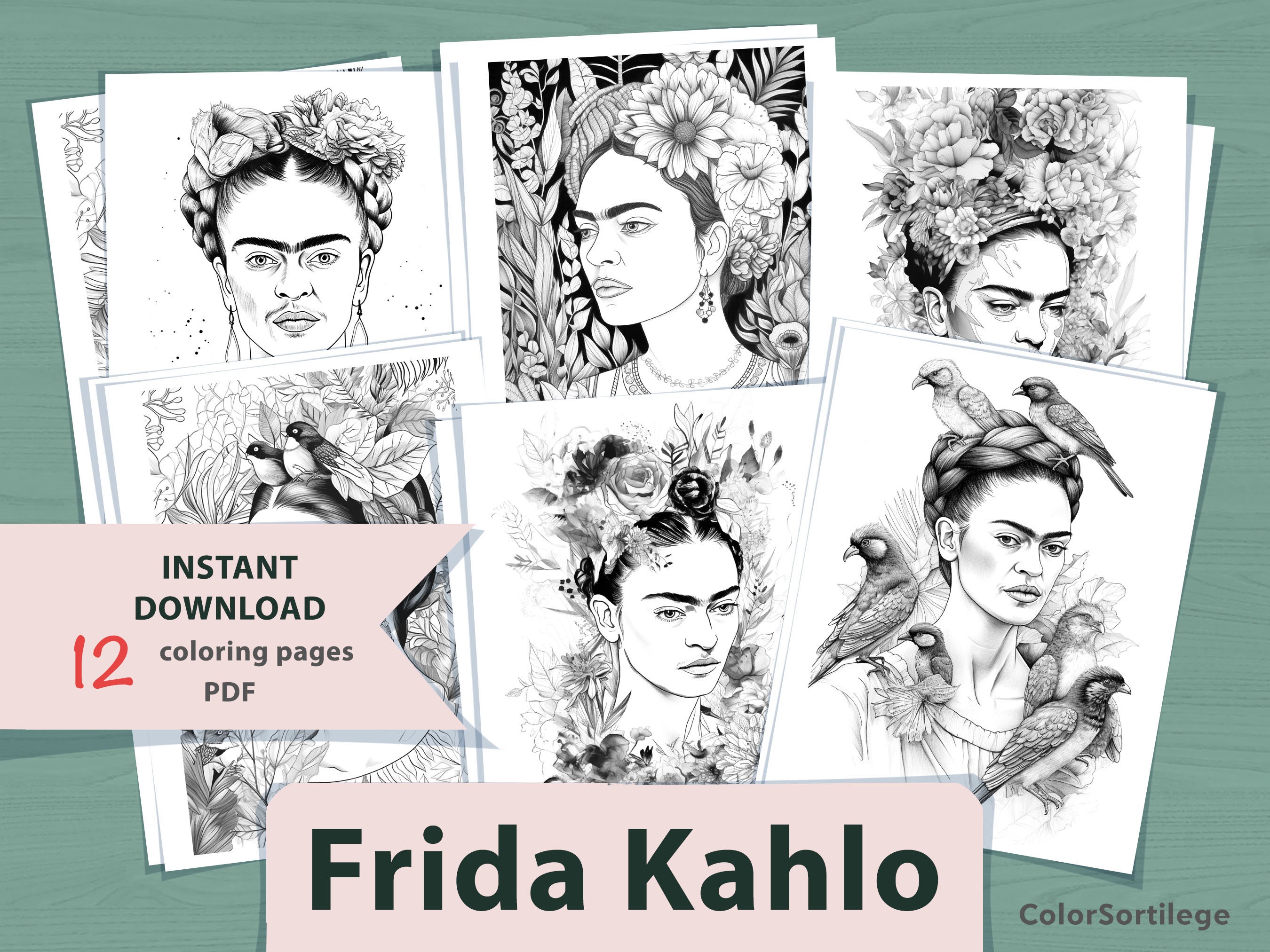 12 Frida Kahlo Inspired Coloring Pages 12 Page PDF Printable Digital ...