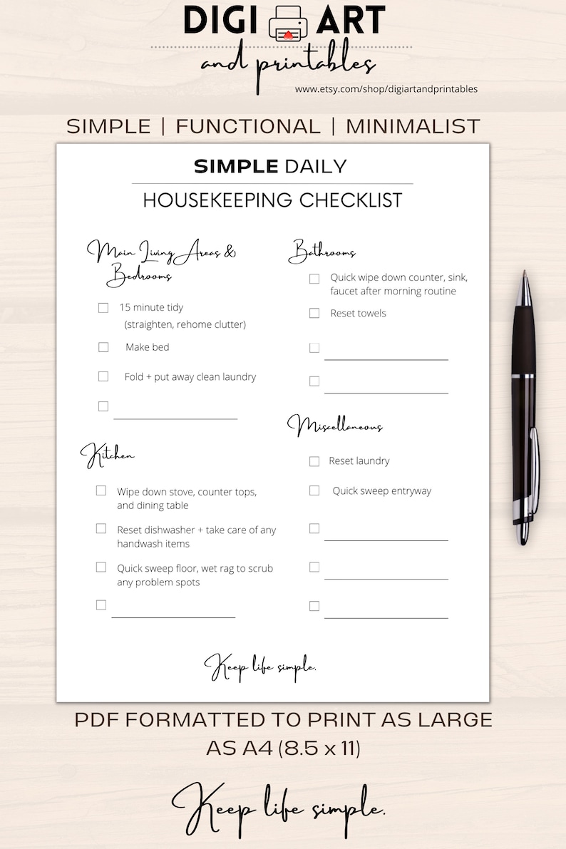 Simple Daily Housekeeping Checklist Printable Planner Page - Etsy