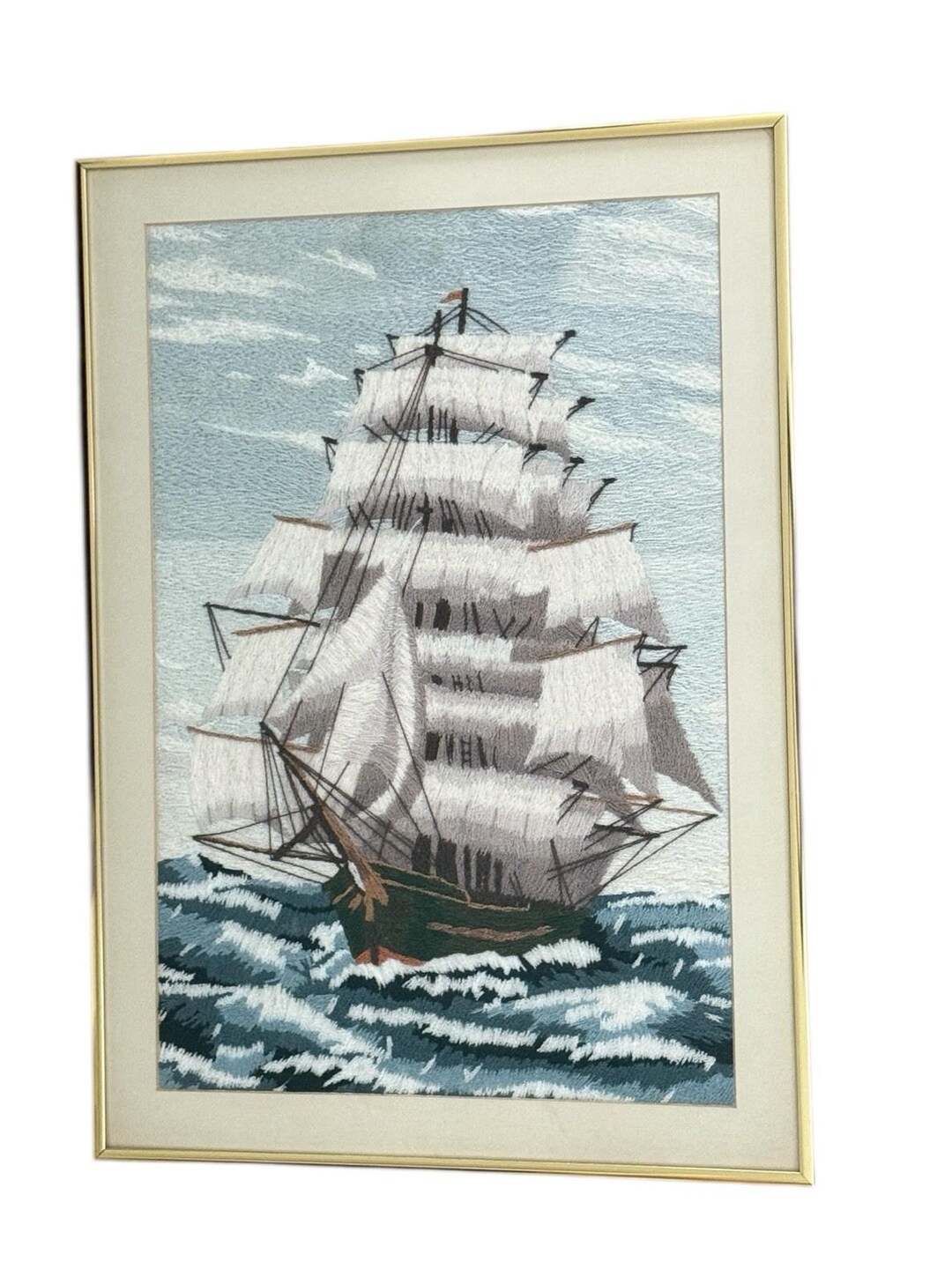 Vintage Tall Ship Punch Needle Fiber Art Framed Nautical Folk ...