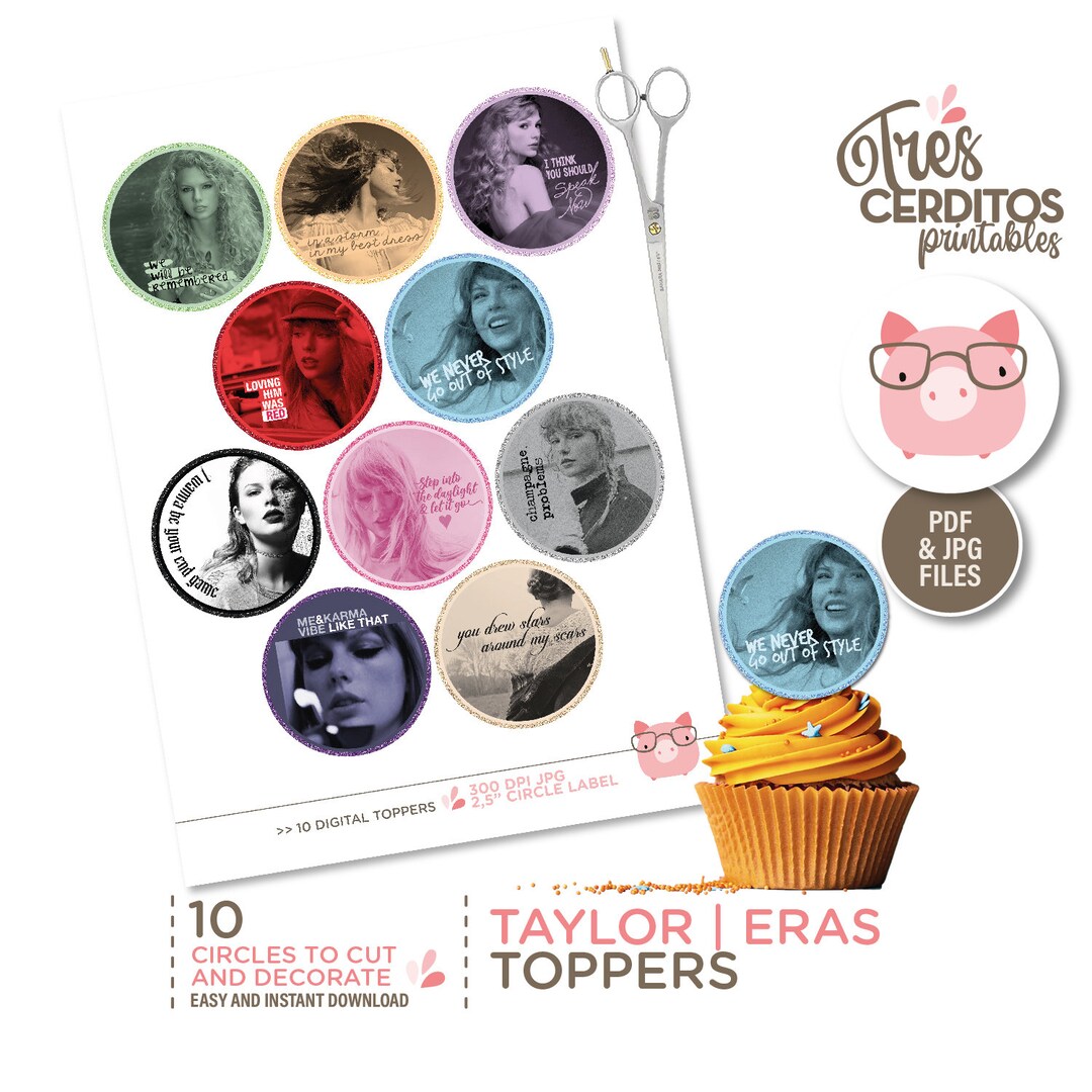Printable Eras Cupcake Toppers, Instant Download DIY Party Deco, 10 ...