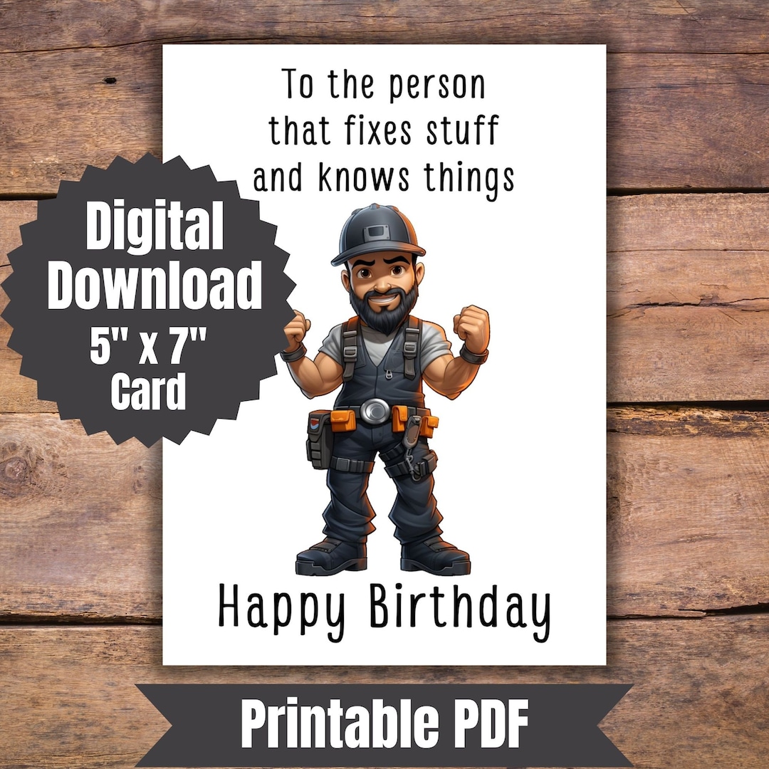 Handyman Happy Birthday Printable Card Digital Instant Download 5 X 7 ...