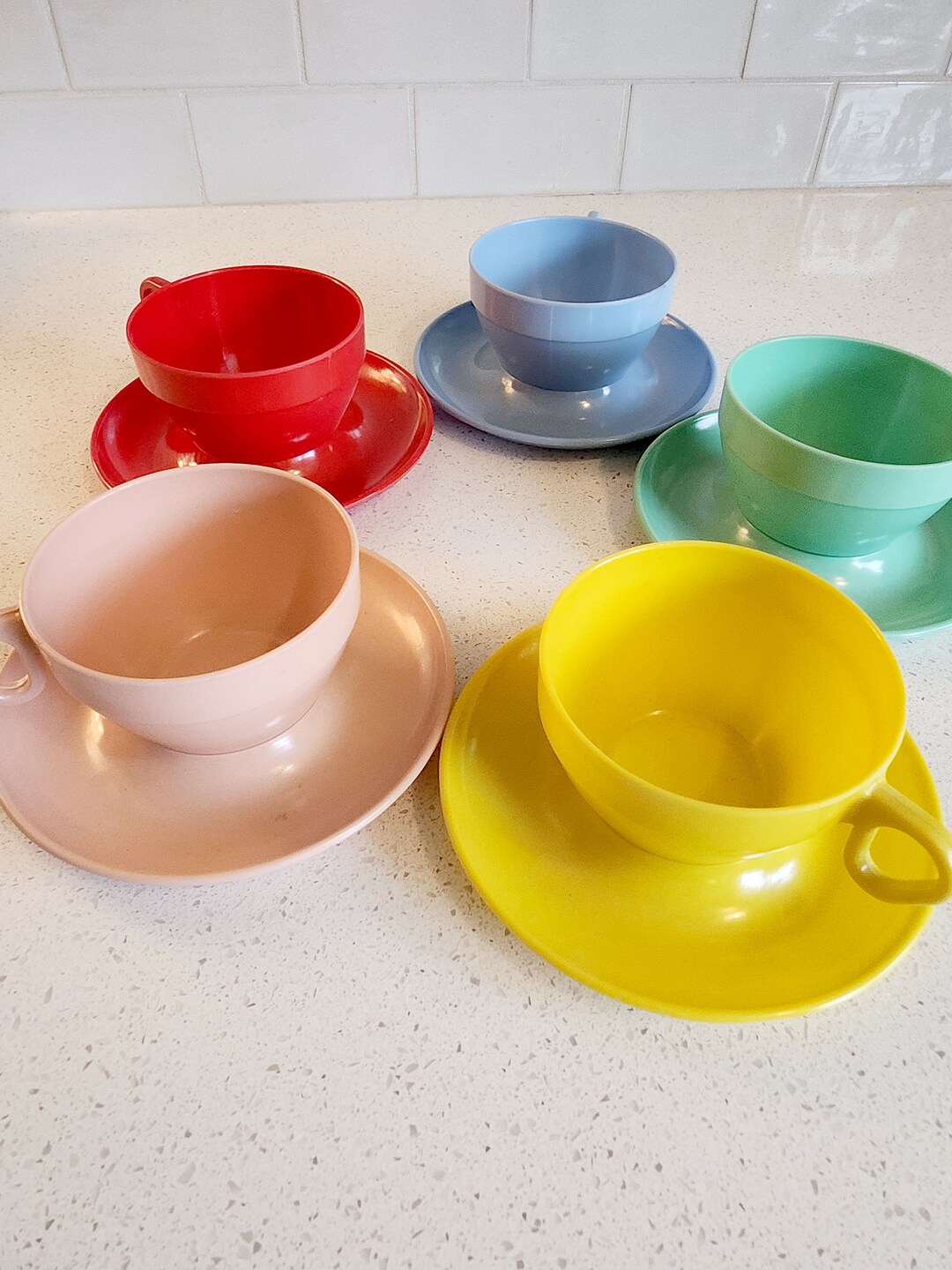 1950s Plastic Teacup and Saucer Sets, Five Sets in Five Colours, G.P.L ...
