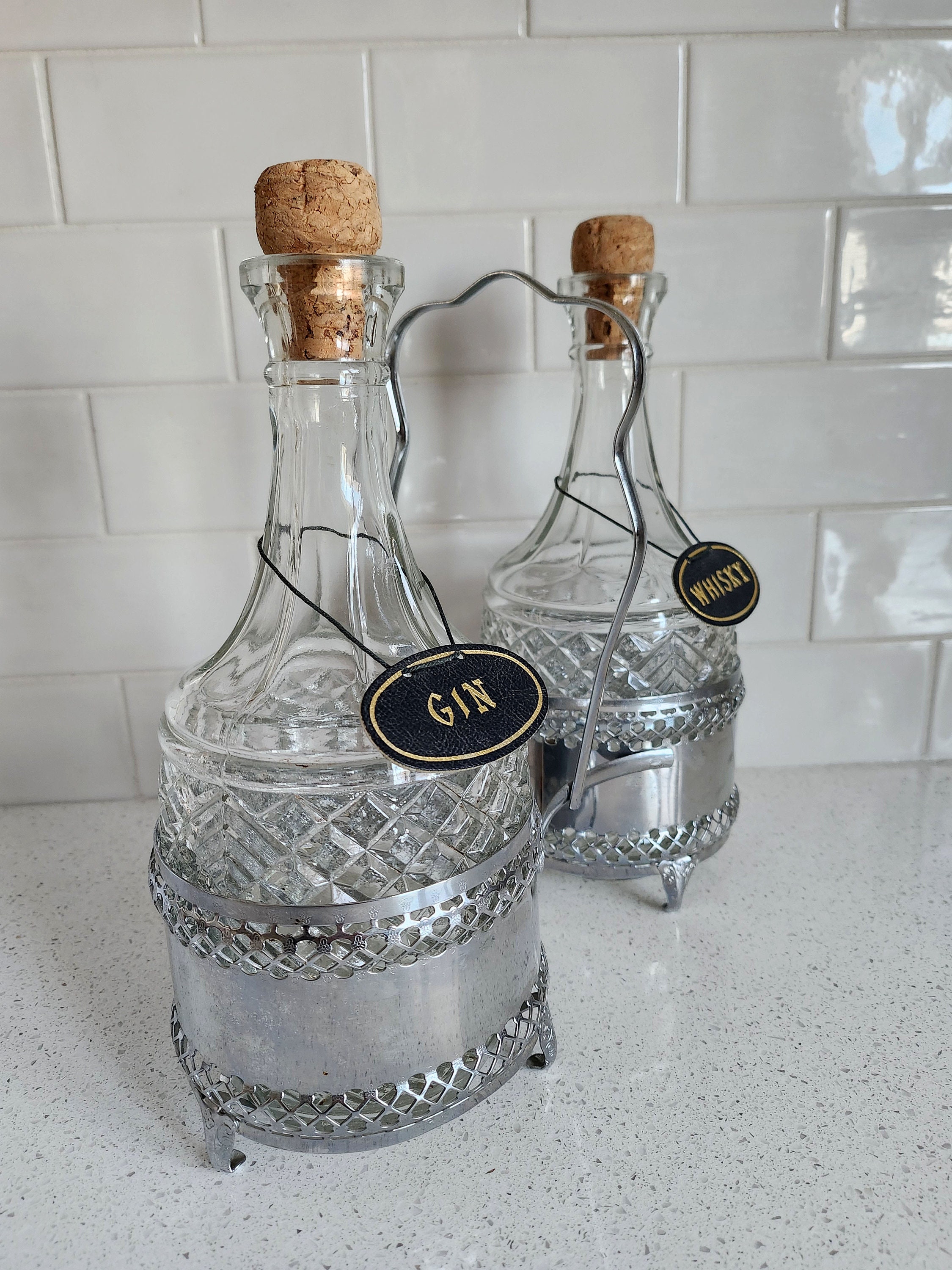 1960s Vintage Liquor Decanter Set With Caddy, Hang Tags, Cork Stoppers ...