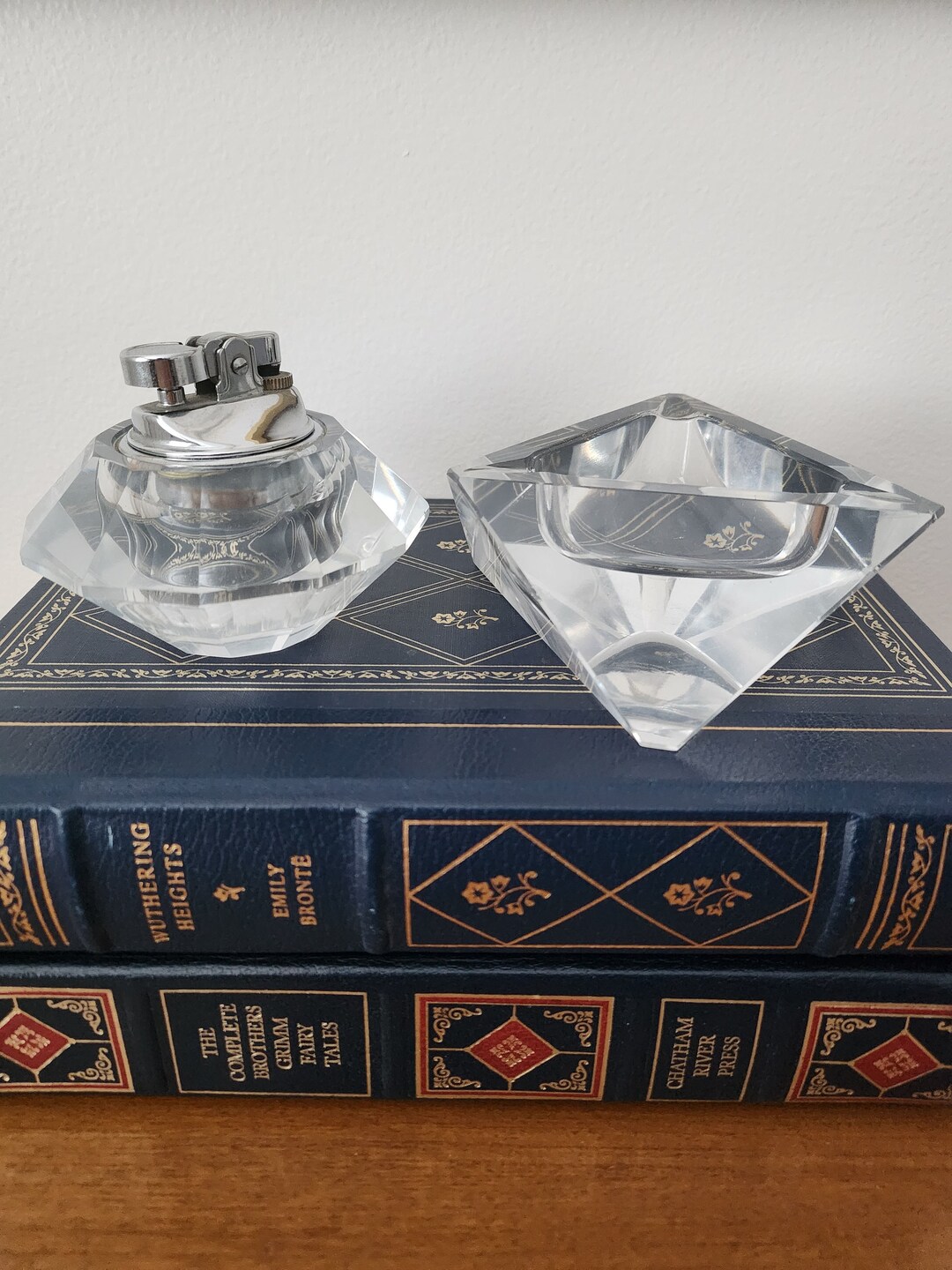 1960s Heavy Crystal Table Lighter and Ash Tray Desk Set, Hollywood Glam ...