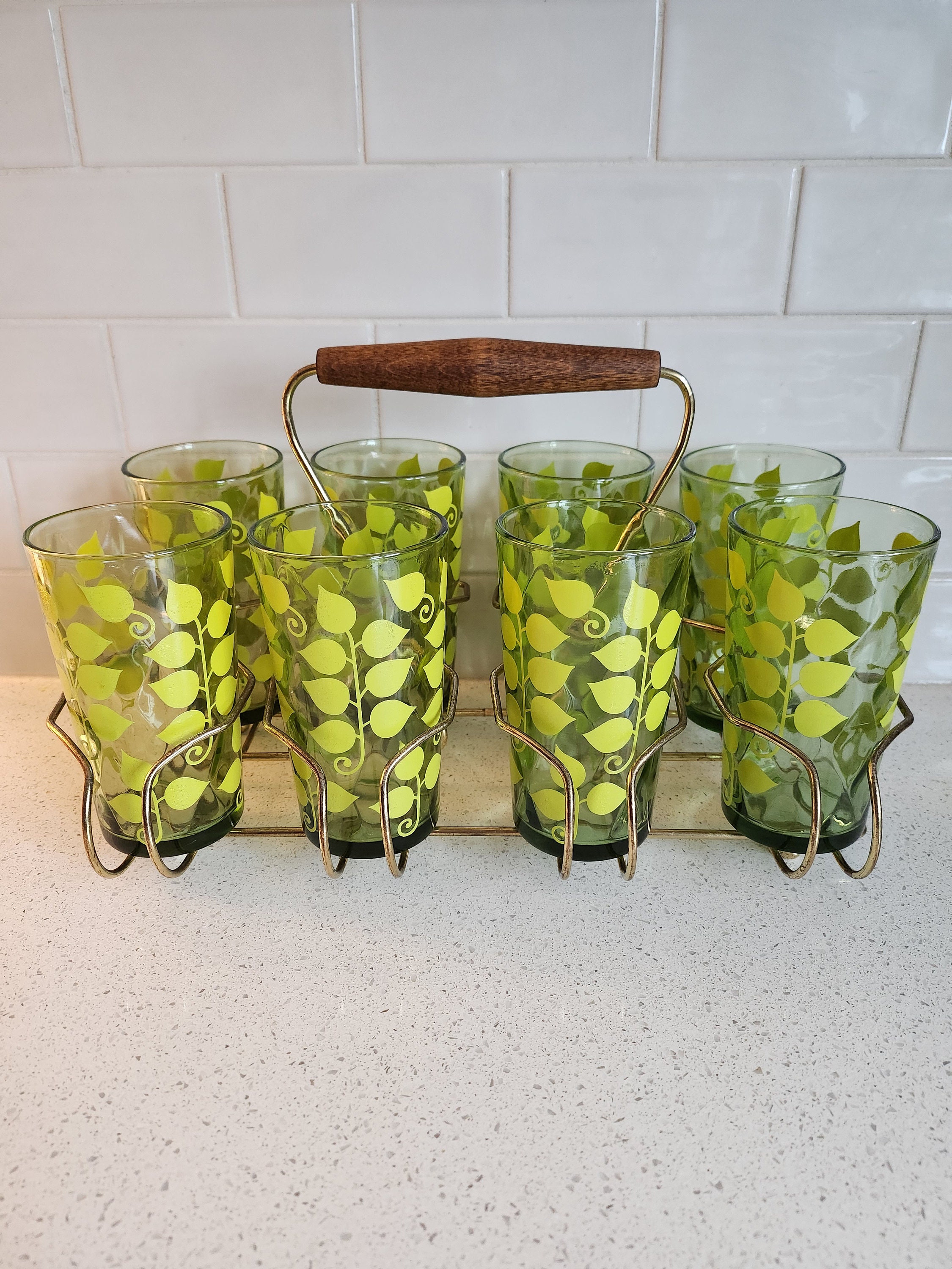 Vintage Tom Collins Glasses Set With Caddy 8 Green Glasses - Etsy